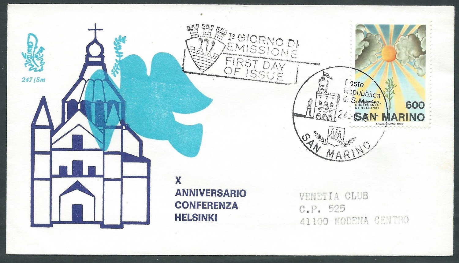 1985 San Marino Fdc Venetia 247 Conferenza Helsinki Timbro Di Arrivo - Bg-2