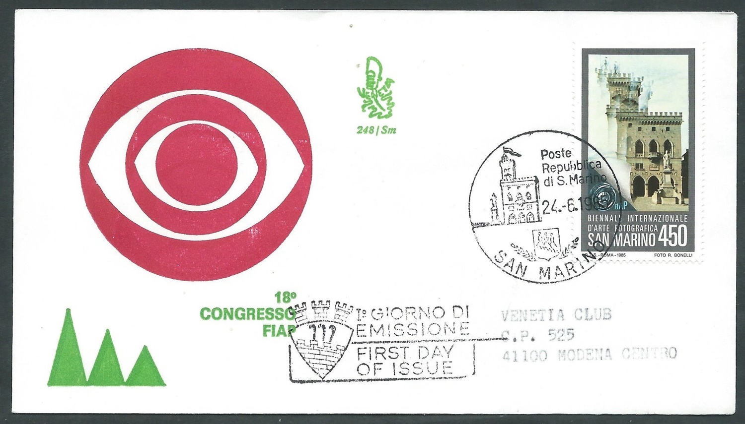 1985 San Marino Fdc Venetia 248 Fiap Fotografia Timbro Di Arrivo - Bg-5
