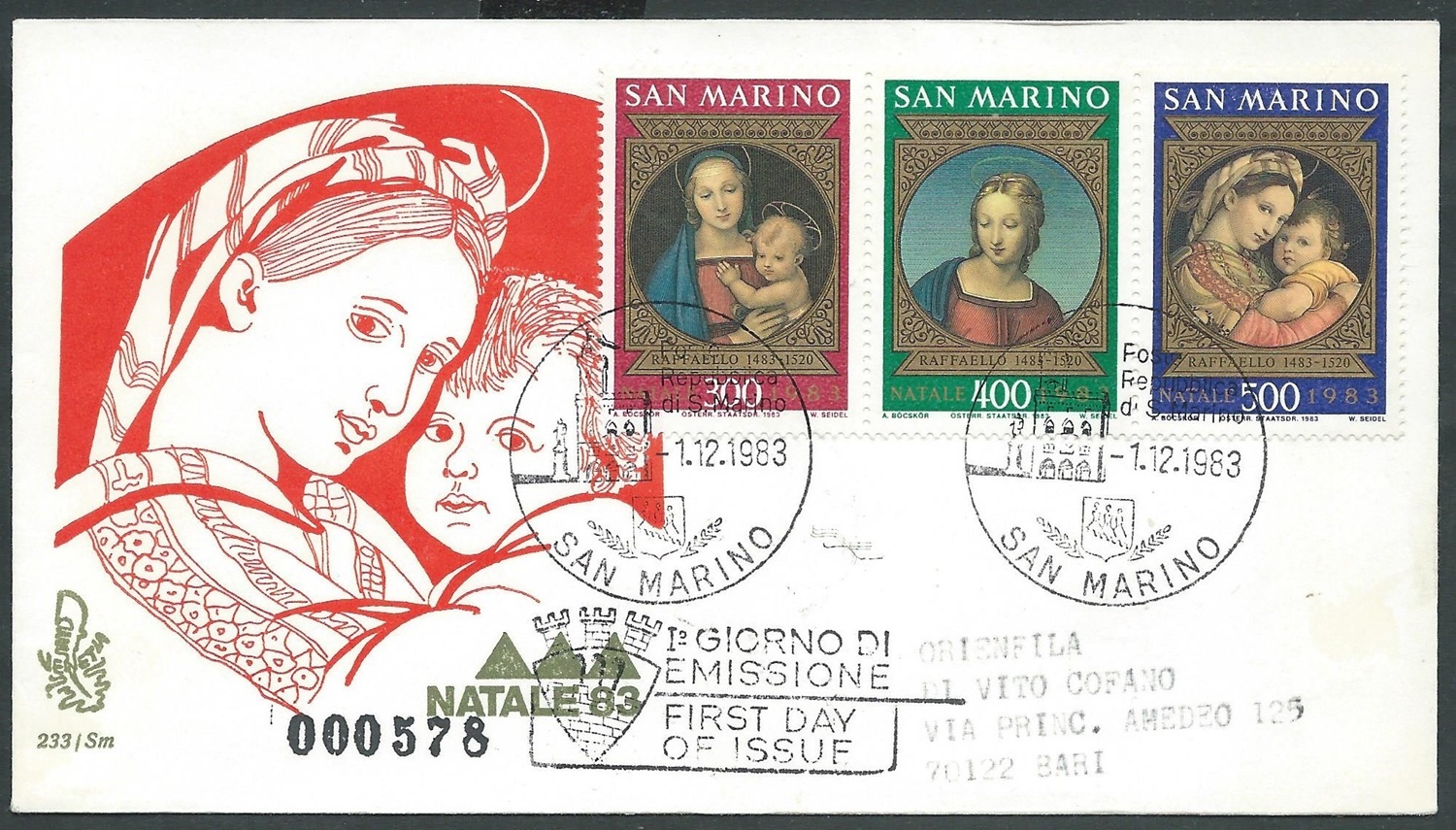 1983 San Marino Fdc Venetia 233 Natale Timbro Di Arrivo - Bg