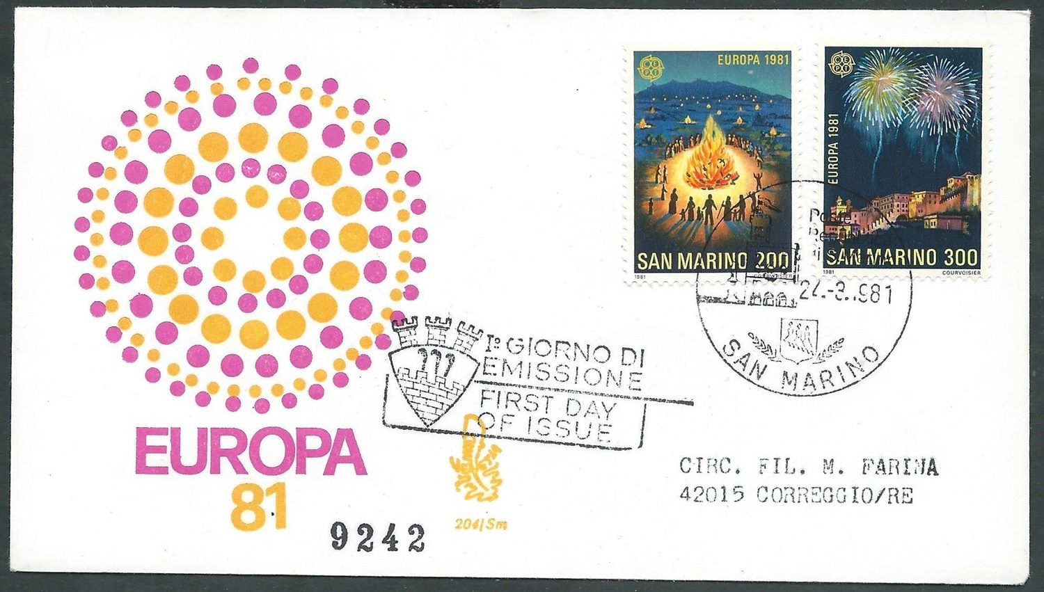 1981 San Marino Fdc Venetia 204 Europa Timbro Di Arrivo - Bg